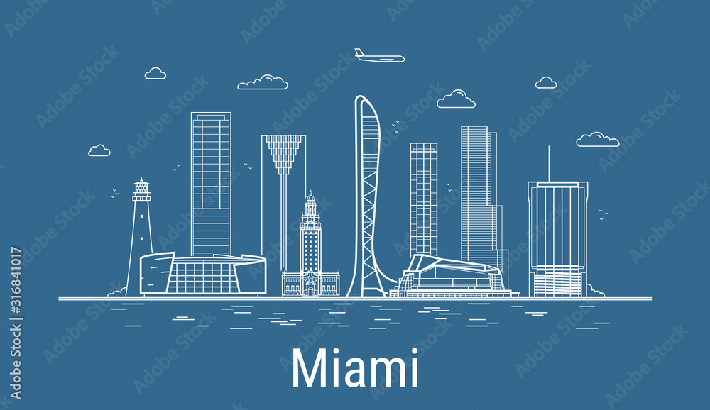 Vetor de Miami city, Line Art Vector illustration with all famous ...