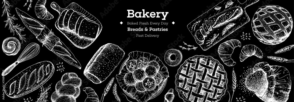 Bakery background. Bakery top view frame. Hand drawn sketch with bread ...