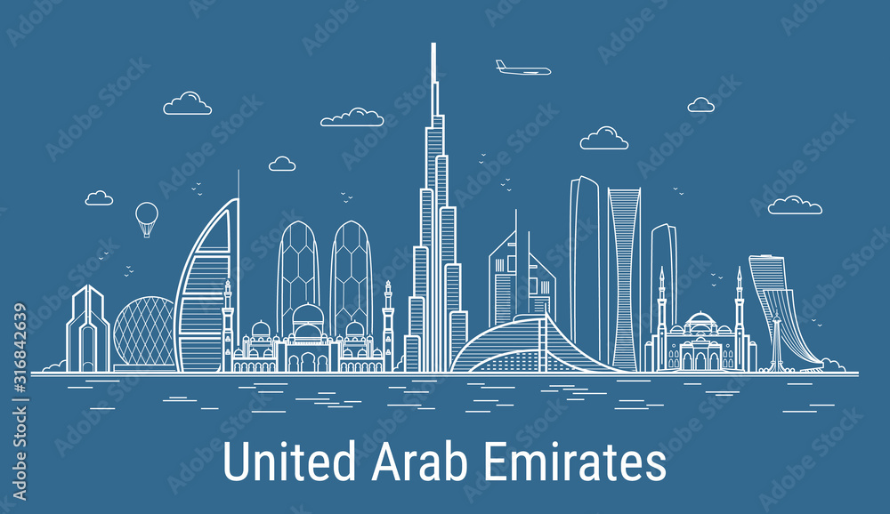 Modern United Arab Emirates line art Vector illustration with all ...