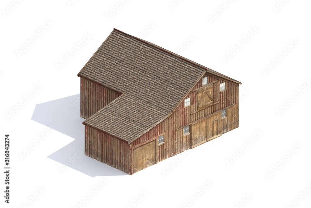 Red Wooden Barn 3d Model rendered on white background Stock Photo ...