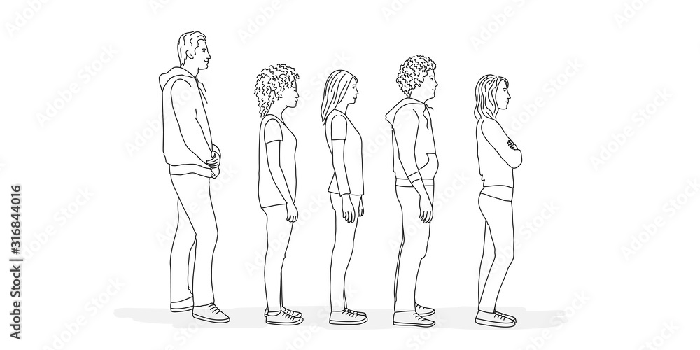 Side view of creative business people standing in row. Line drawing ...