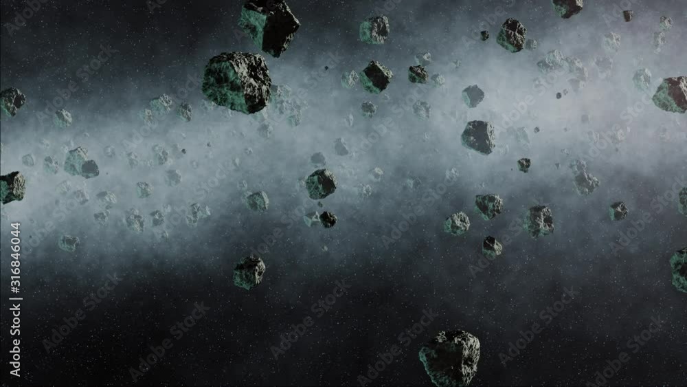 Asteroid belt 3D CGI Render with camera movement in space, stars and ...