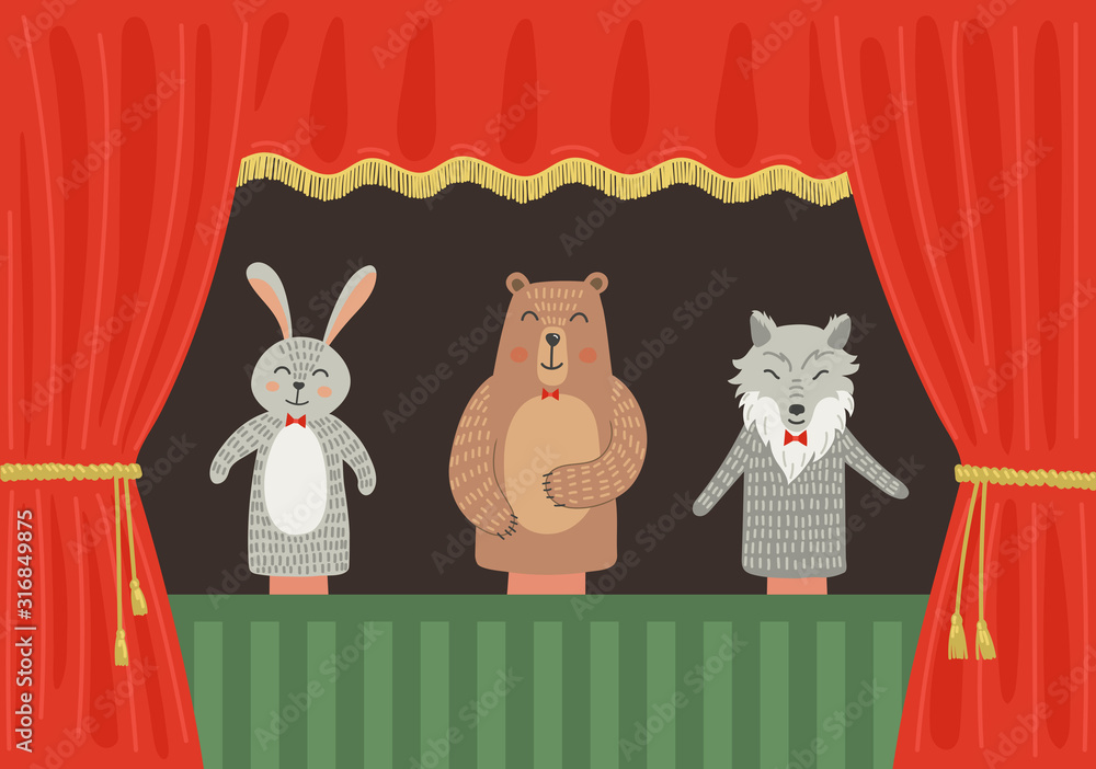 Puppet theatre. Forest animals: rabbit, wolf and bear on the scene with ...