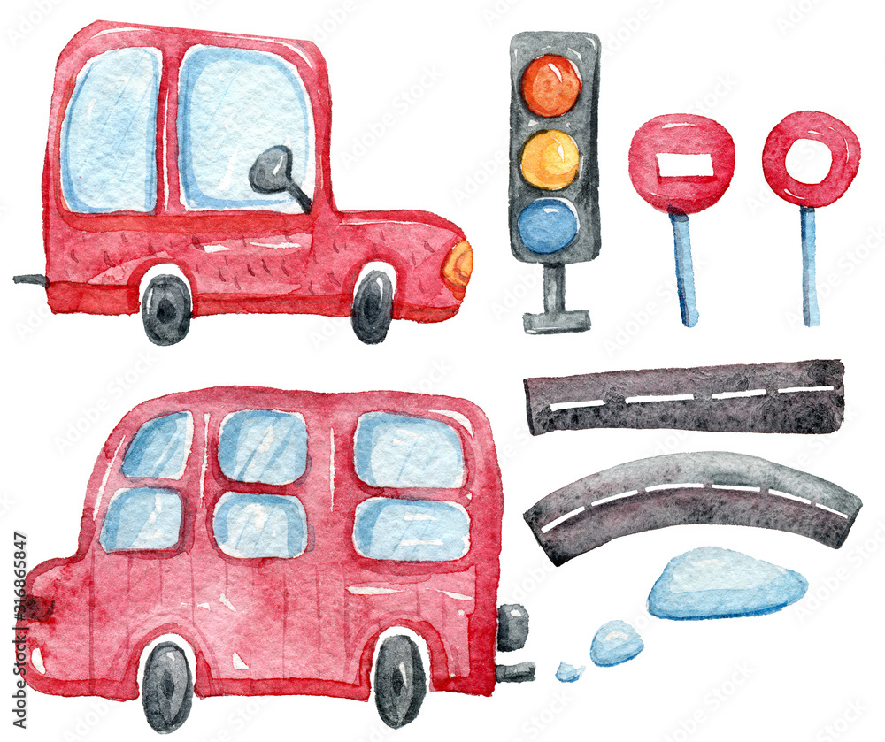 Watercolor hand painted colorful cars, road, signs set. Cartoon lovely ...