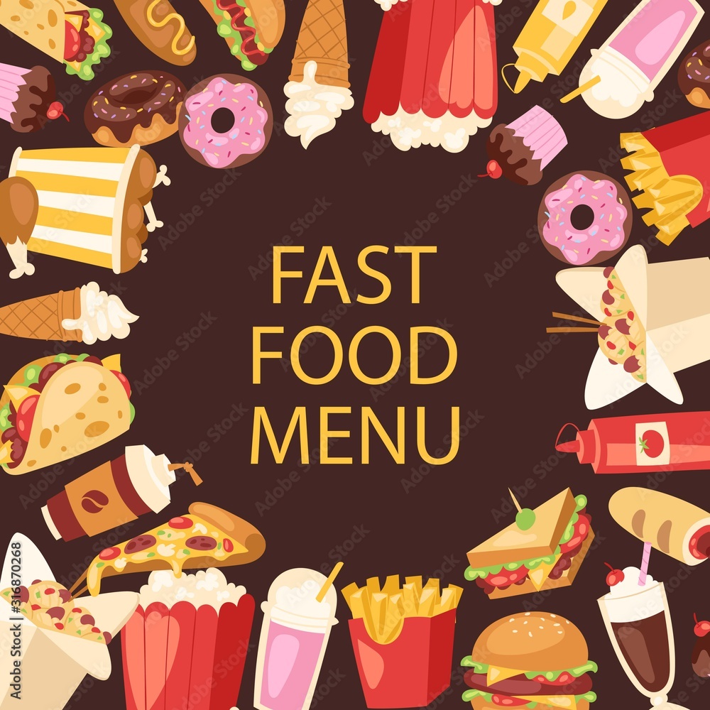 Fast food menu frame vector illustration. Cartoon unhealthy burger ...