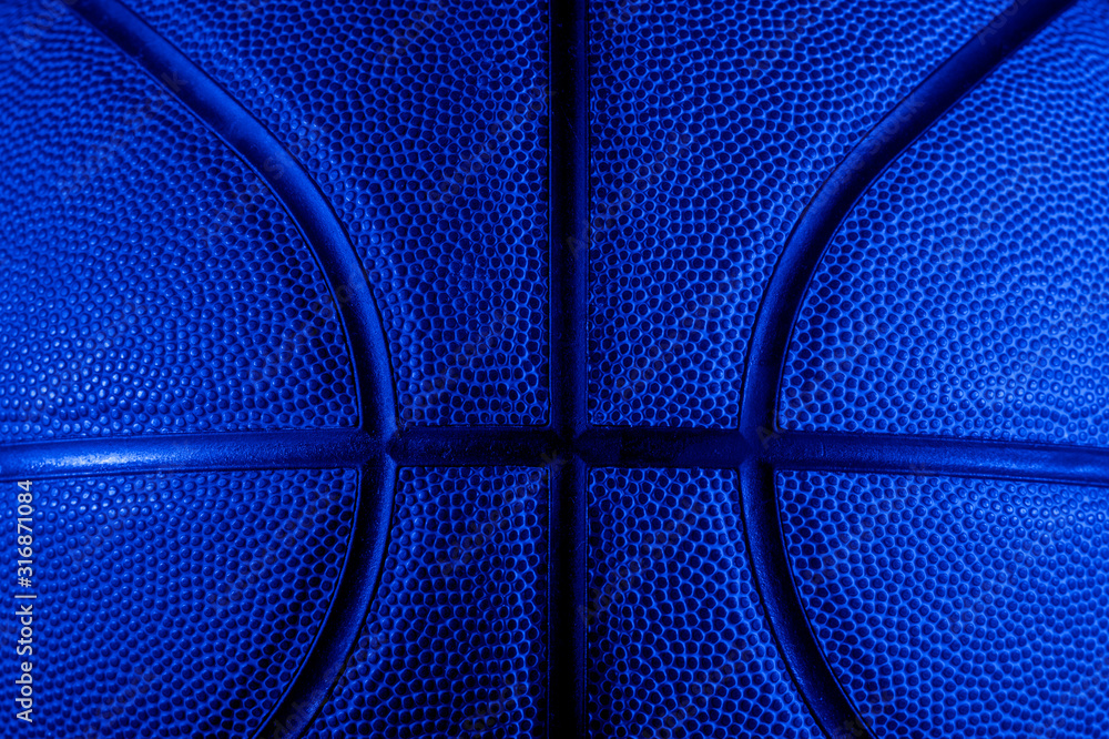 Closeup detail of basketball ball texture background. Blue neon Banner ...