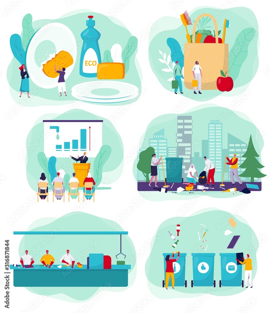 Environment polution cleaning activists and volunteers cartoon ...