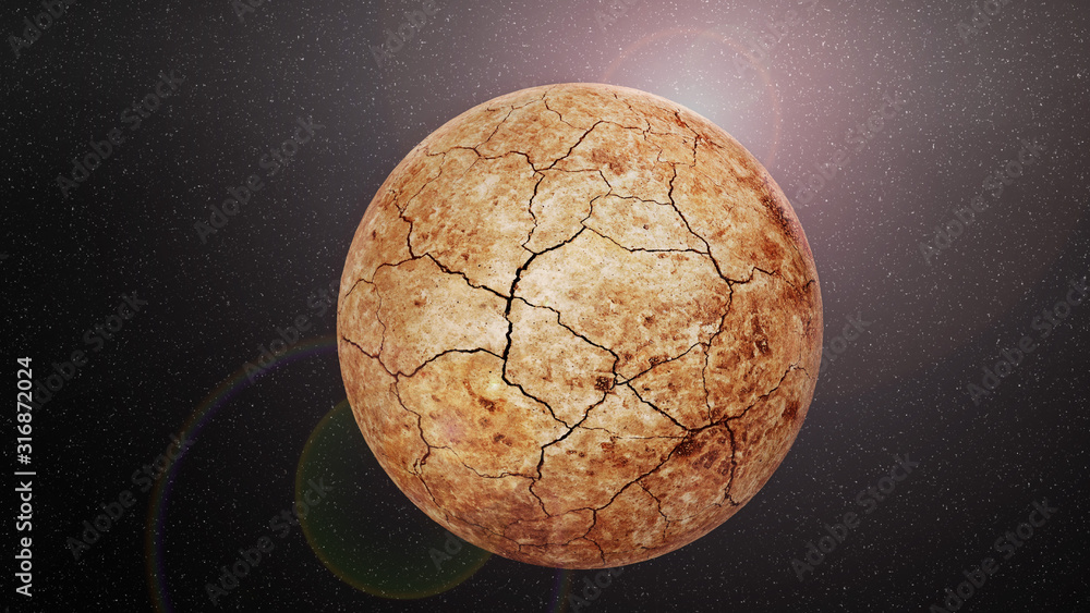 Dry and dead planet 3D CGI Render , sun flares and stars in space ...
