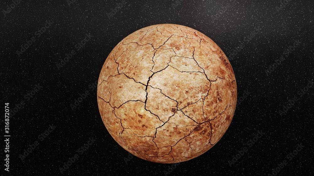 Dry and dead planet 3D CGI Render , sun flares and stars in space ...