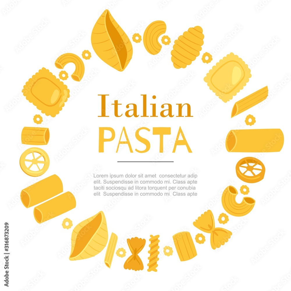 Italian pasta different types fusilli, spaghetti, gomiti rigati ...