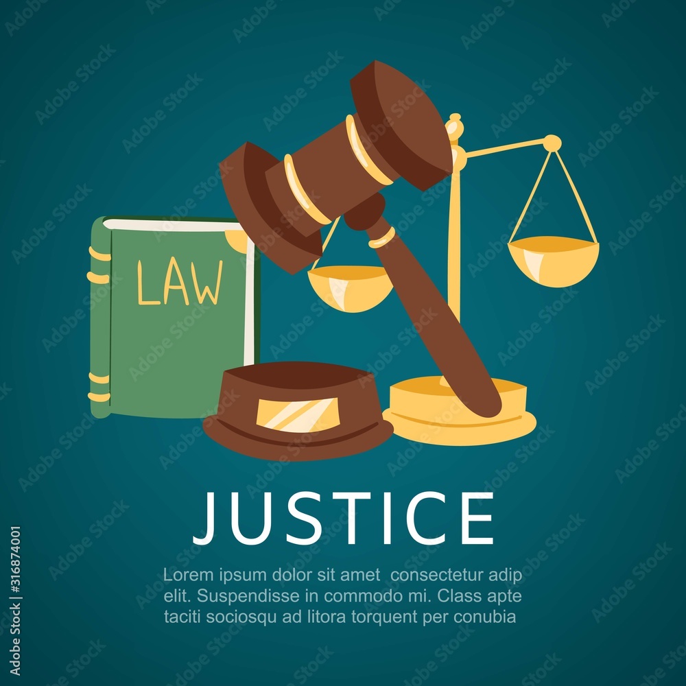 Justice and court, law book and hummer cartoon vector illustration ...