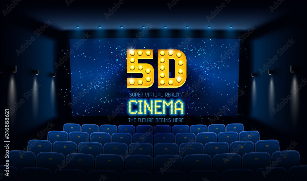 Empty movie theatre. Dark cinema hall with blue screen and 5d virtual ...
