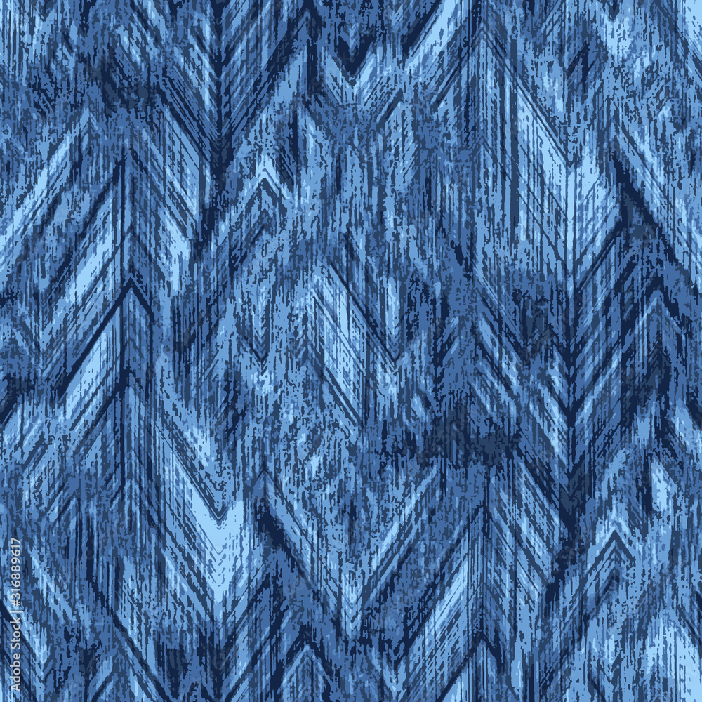 Indigo cyanotype dyed effect distressed worn bleached graphical motif ...