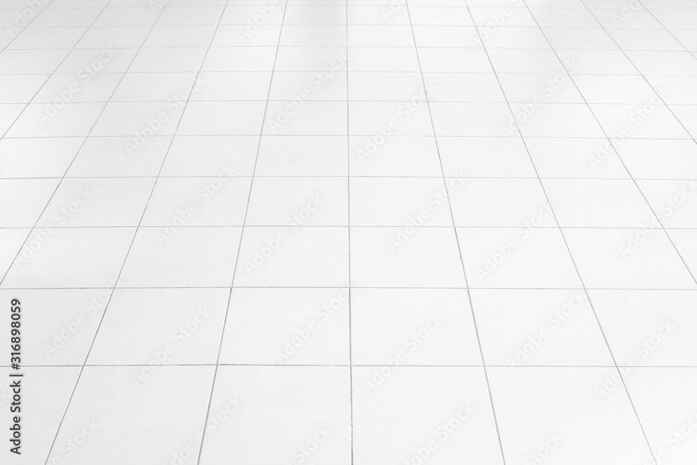 White tile floor background in perspective view. Clean, shiny, symmetry ...