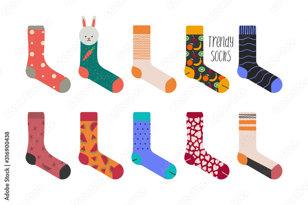 Trendy cotton socks with different textures collection isolated on ...