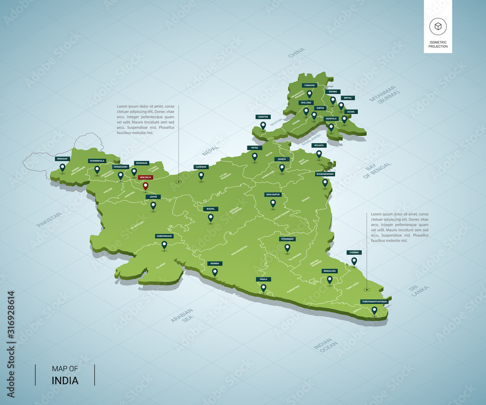 Stylized map of India. Isometric 3D green map with cities, borders ...