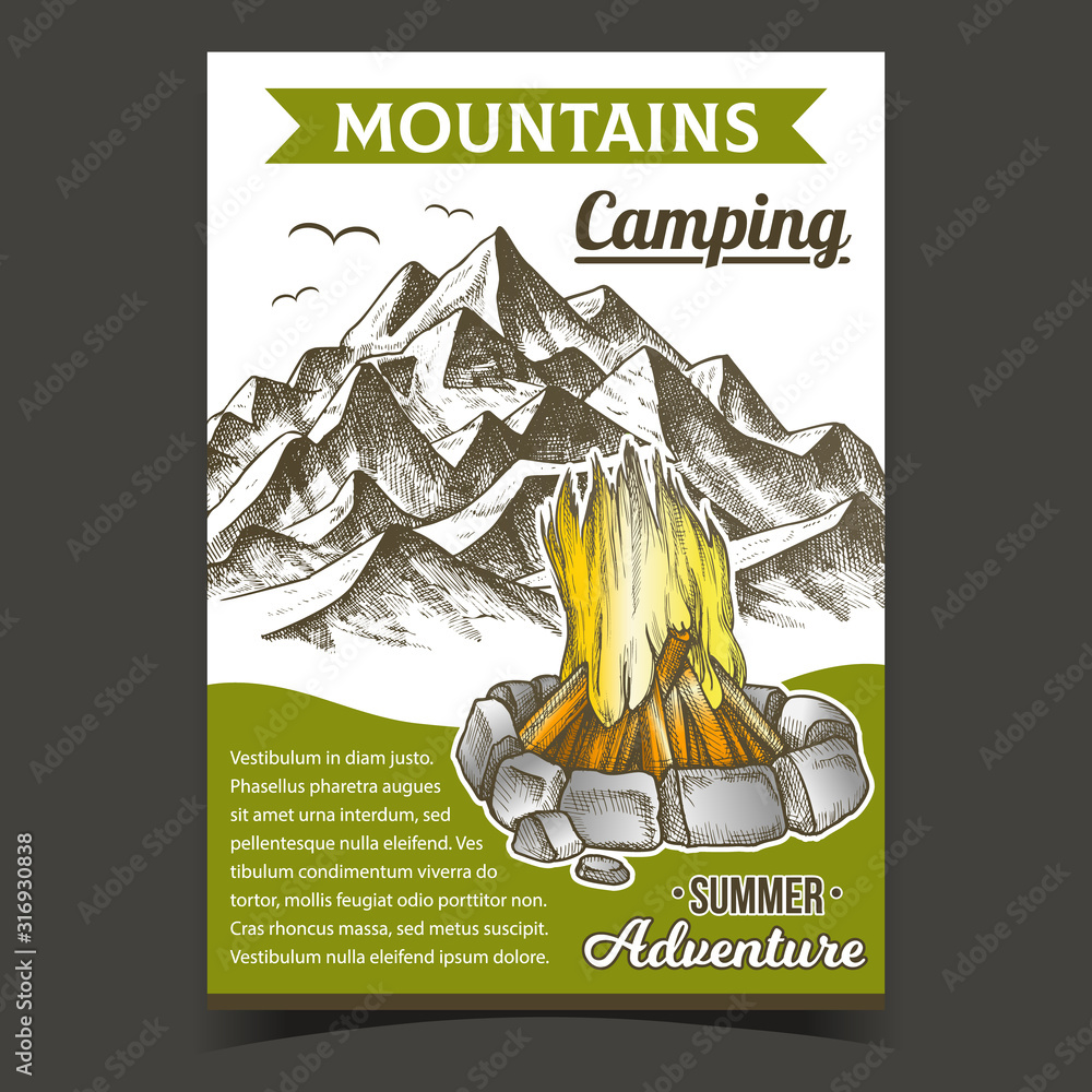 Mountains Camping Fire Advertising Poster Vector. Burning Campfire And ...