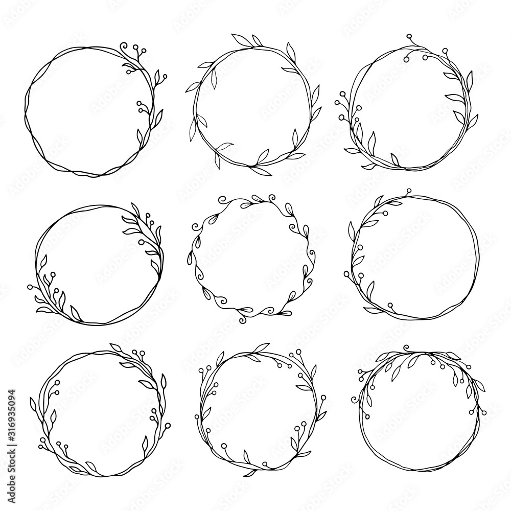 Hand drawn set of cicle floral frame. Border for banner, wedding ...