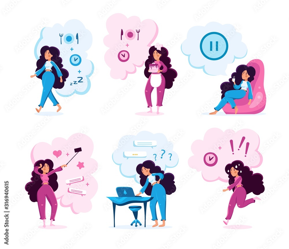 Modern Woman Daily Routine Trendy Flat Vector Characters Set. Young ...