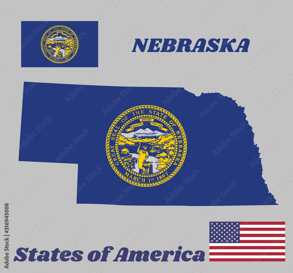 Map outline and flag of Nebraska and the state name. Seal of Nebraska ...