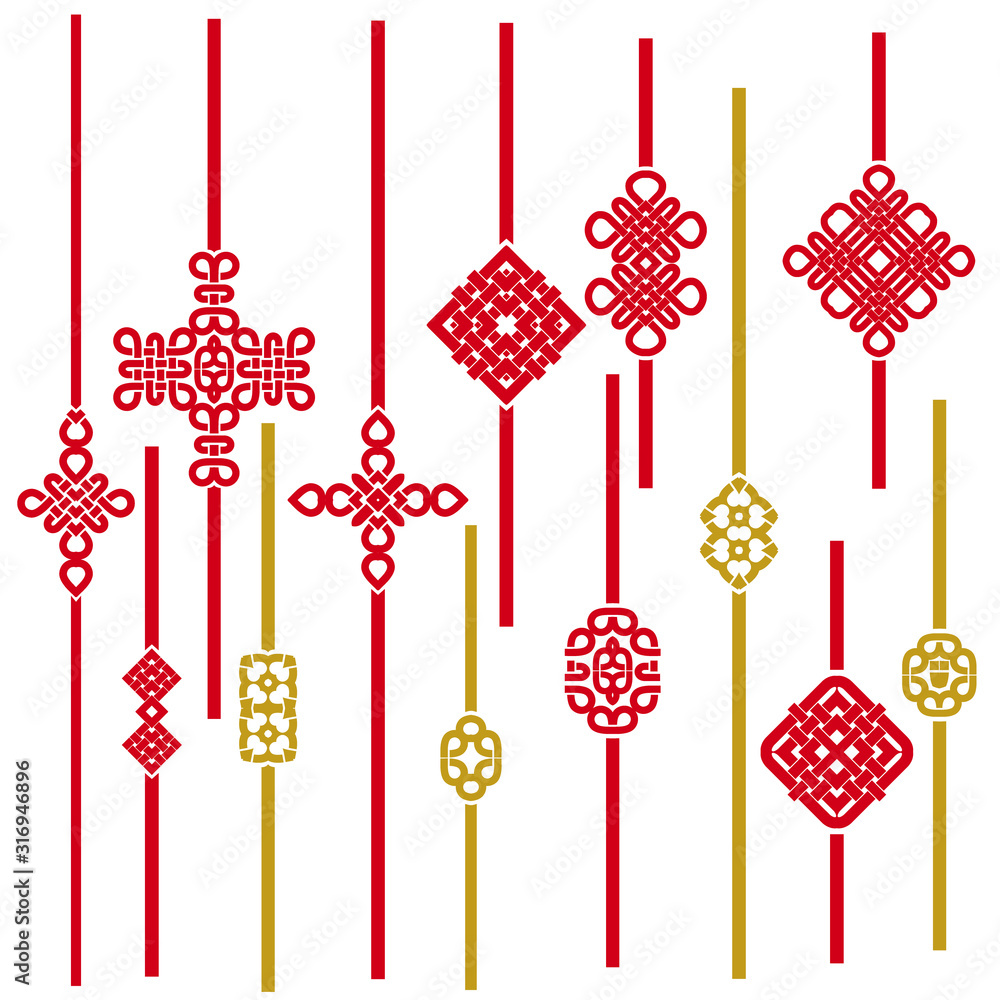 Red template symbols, braid and stripes in chinese style. Ethnic ...