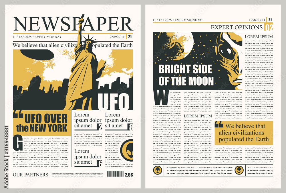 Newspaper columns with unreadable text, headlines and illustrations on ...