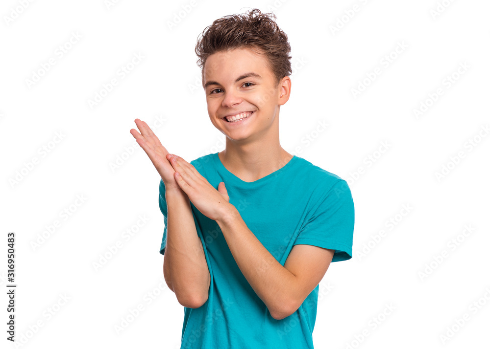 Emotional portrait of caucasian smiling teen boy clapping hands. Happy ...