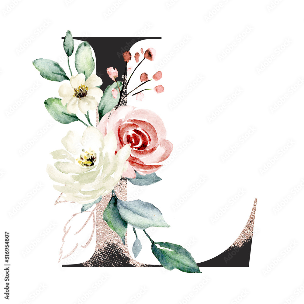 Letter l, gold & black alphabet letterhead with watercolor flowers ...