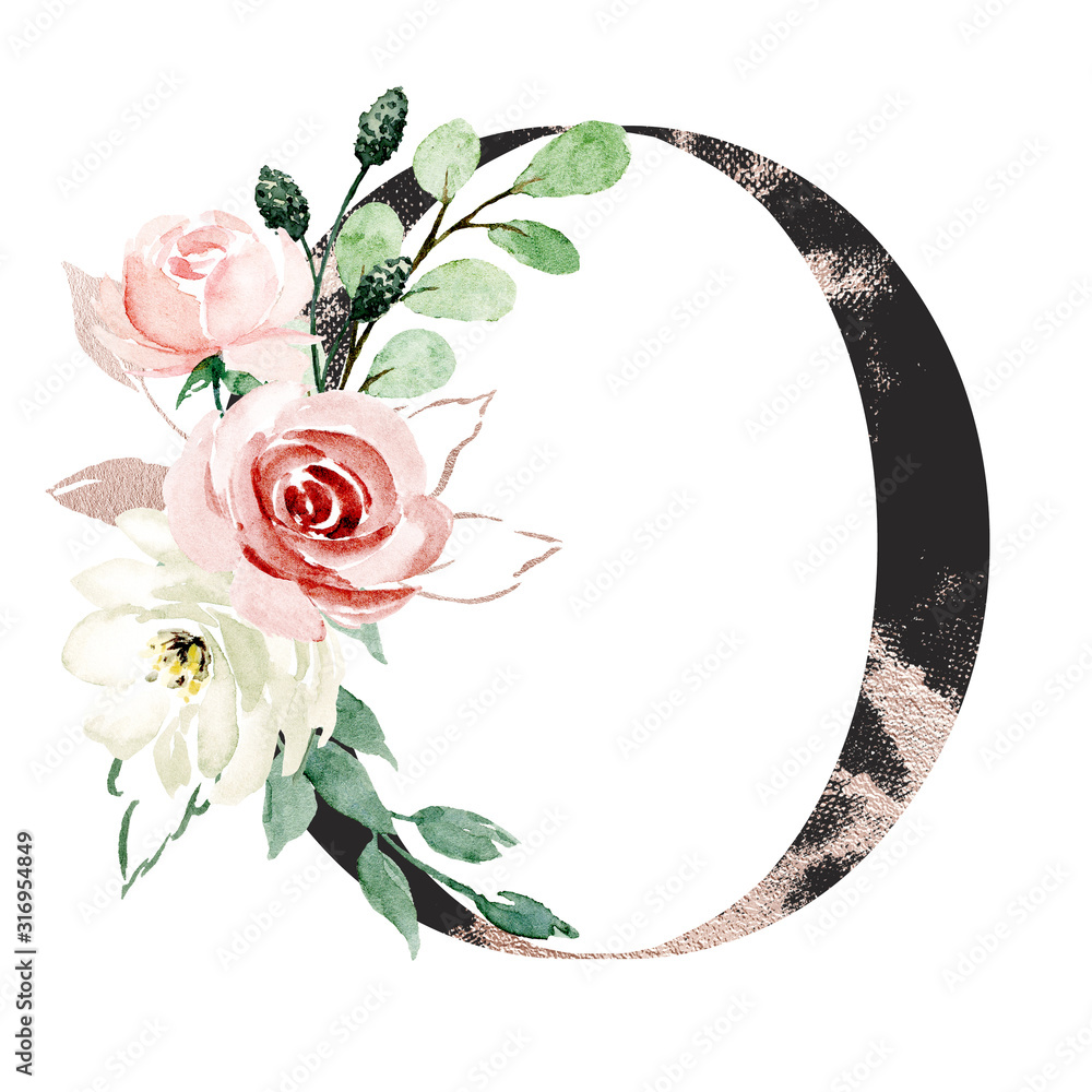 Letter o, gold & black alphabet letterhead with watercolor flowers ...