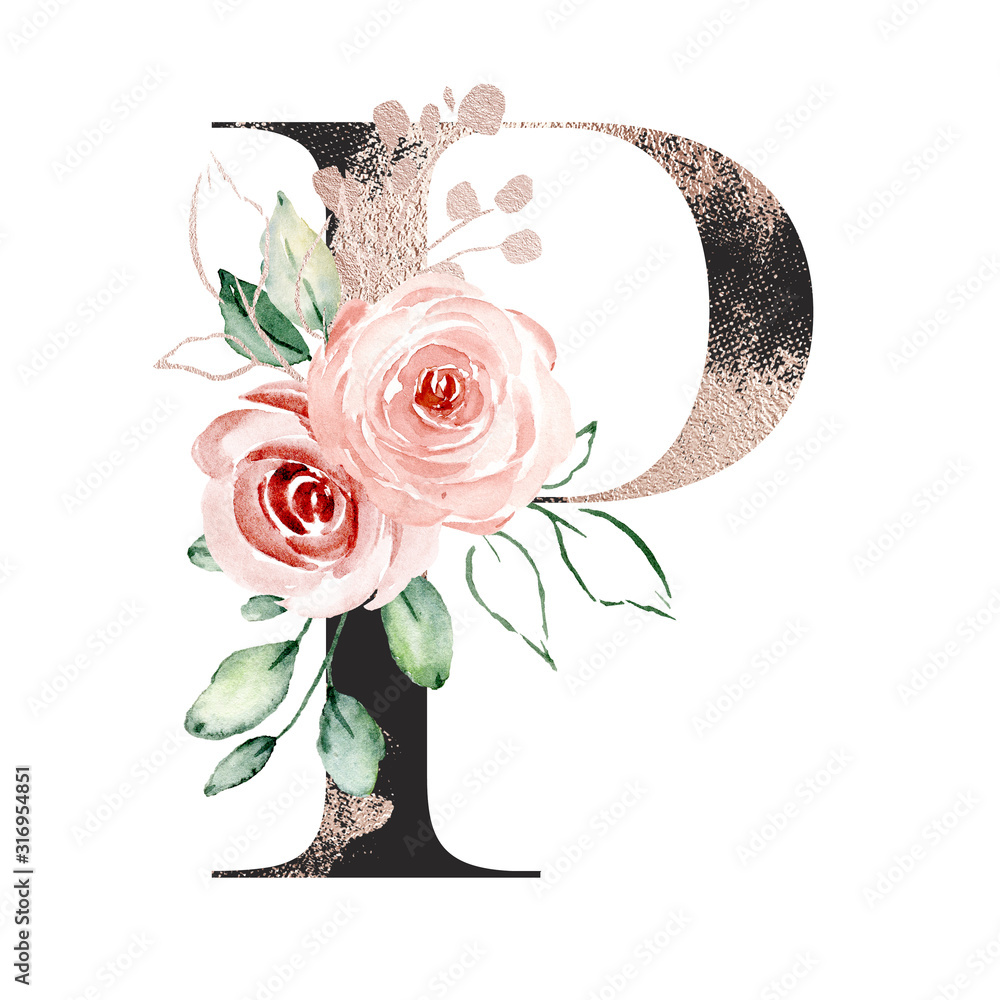Letter p, gold & black alphabet letterhead with watercolor flowers ...