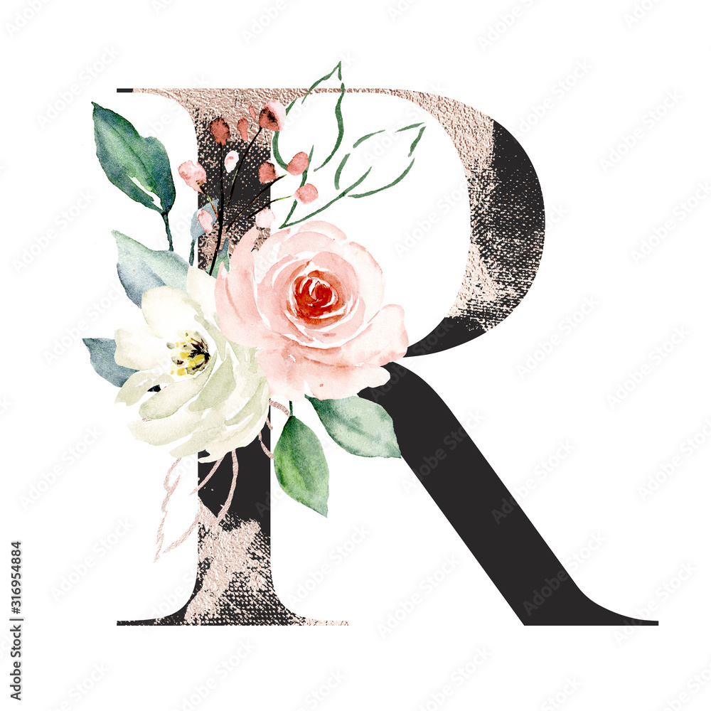 Letter r, gold & black alphabet letterhead with watercolor flowers ...