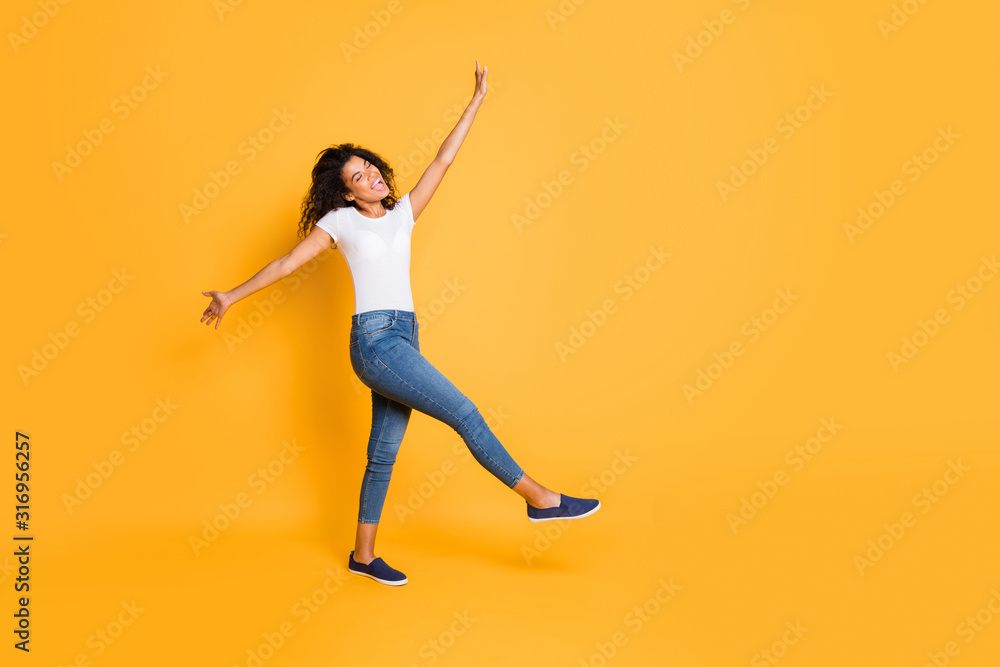 Full length body size turned photo of cheerful pretty crazy dancing ...