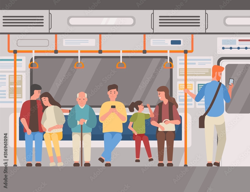 People in subway train, public transport flat vector illustration. Men ...