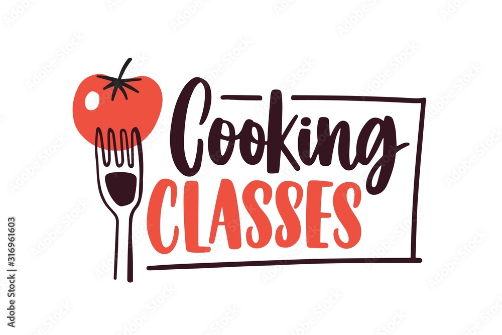Cooking lessons flat vector logotype. Cartoon tomato on fork with ...