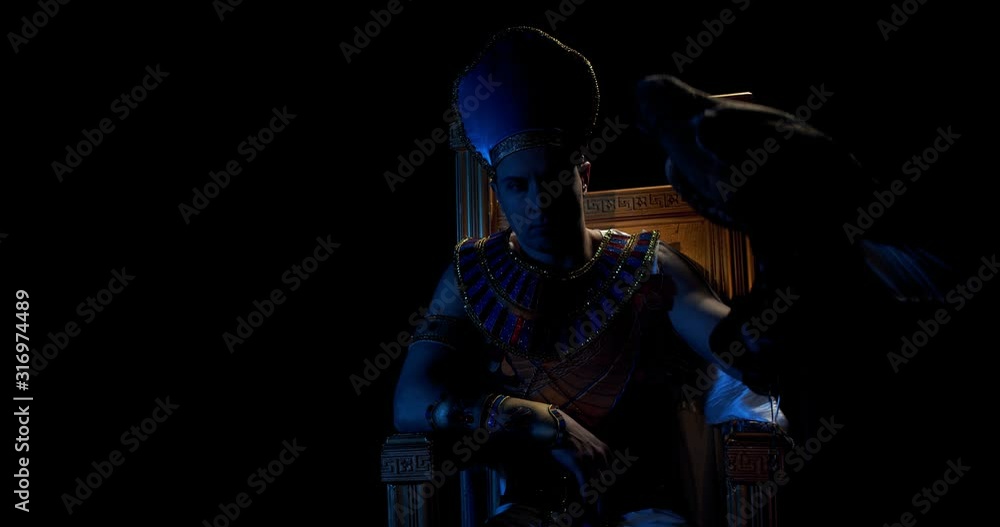 Pharaoh is lifting his hand up with a wild hawk on it, sitting on a ...