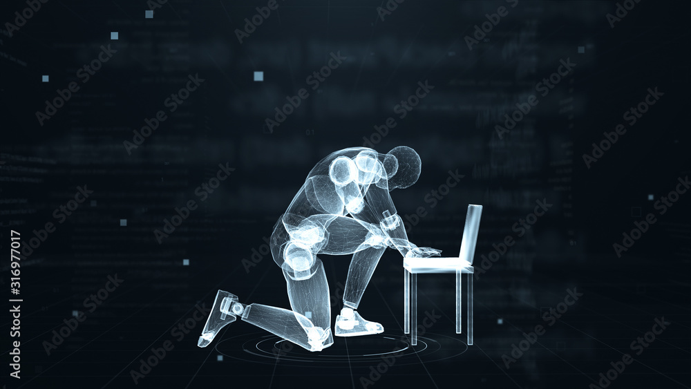 Human puppet working on laptop in virtual 3d digital space with ...