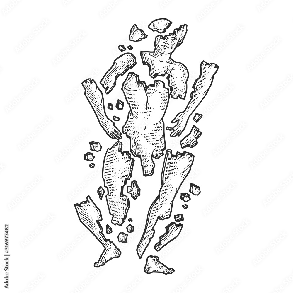 Shattered human man broken on fragments sketch engraving vector ...