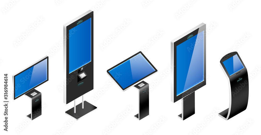 Electronic information boards realistic vector illustrations set. Digital self order kiosks flat ...