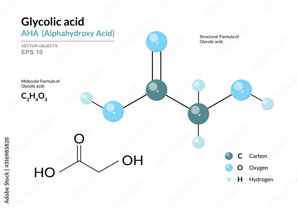 Glycolic acid. AHA Alphahydroxy acid. Structural chemical formula and ...
