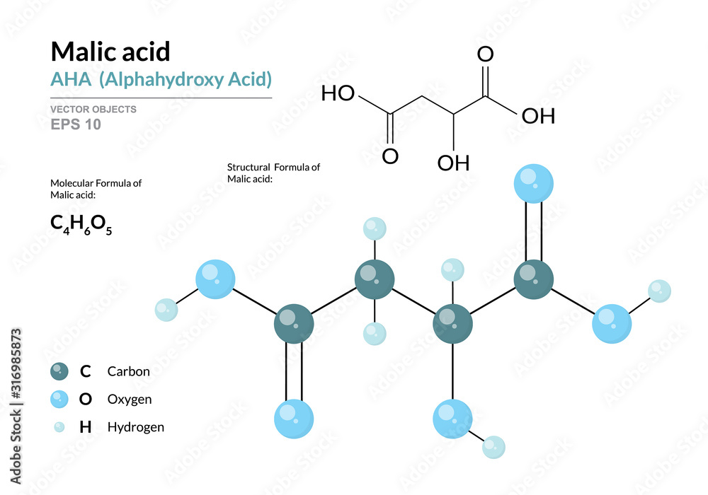 Malic acid. AHA Alphahydroxy acid. Structural chemical formula and ...