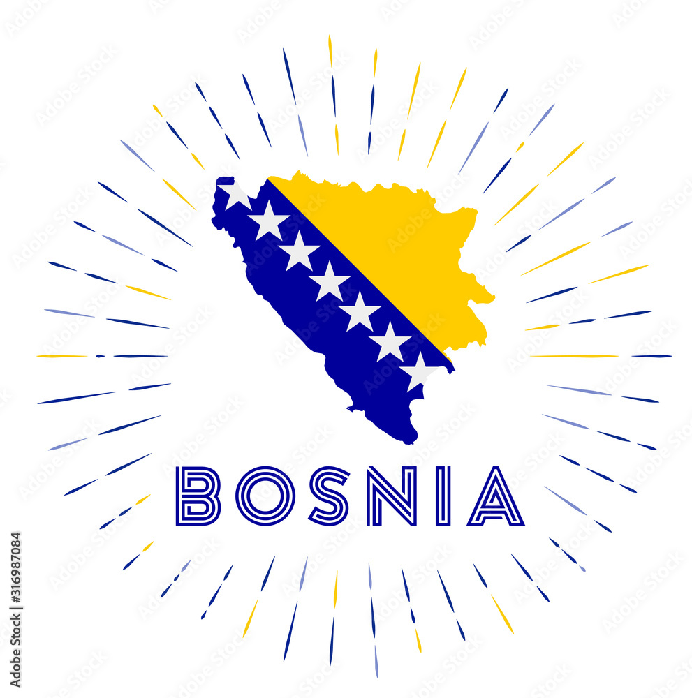 Bosnia sunburst badge. The country sign with map of Bosnia with Bosnian ...