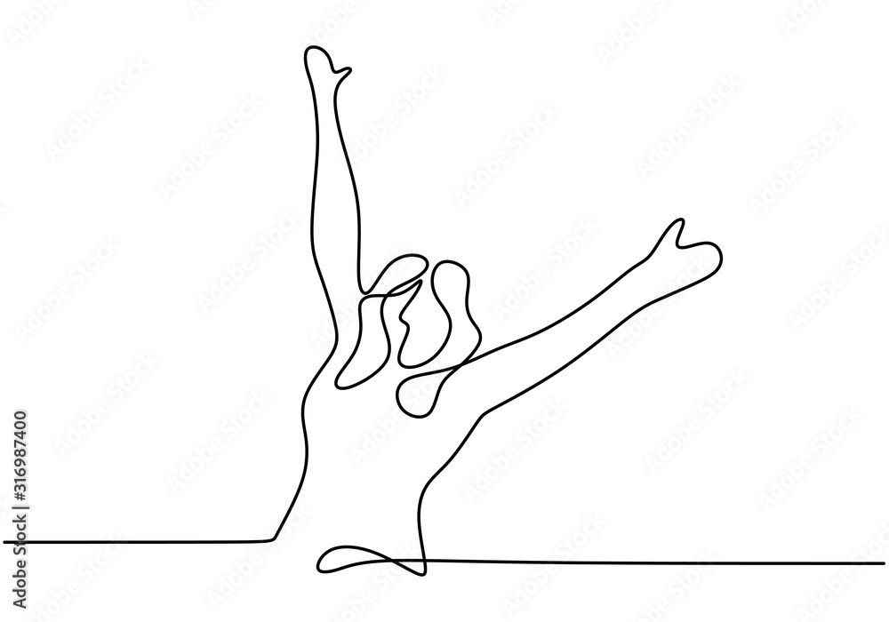 Continuous one line drawing of woman rising hands up feeling happy and ...