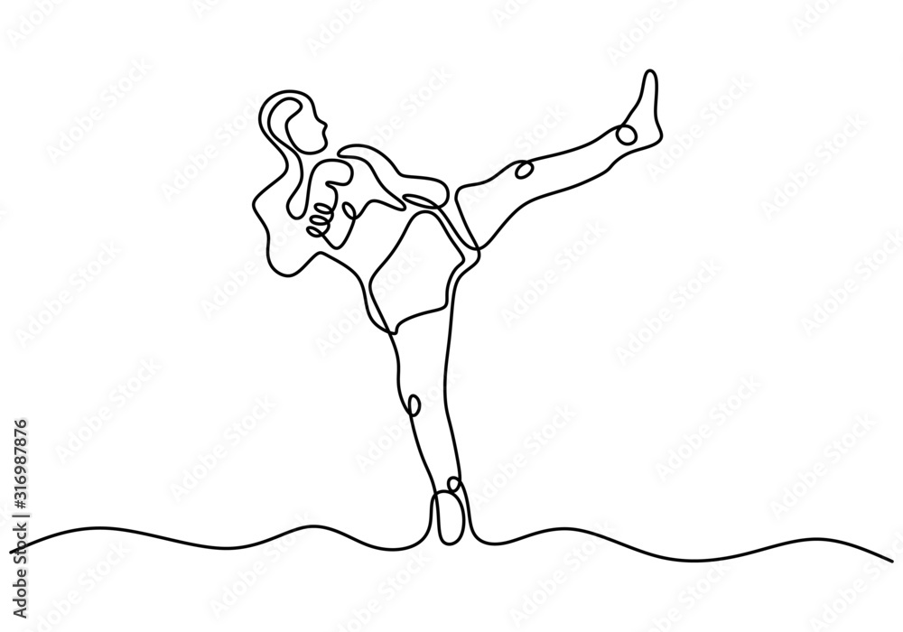 Kick boxing one line drawing. Person kick to the air. Continuous single ...