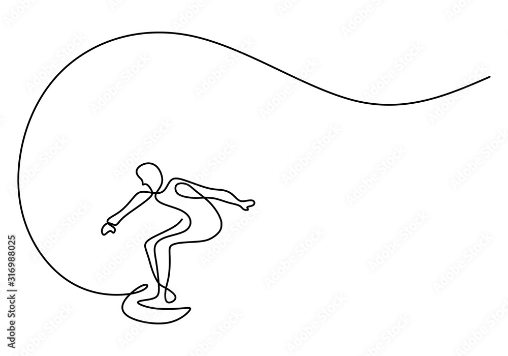 continuous one line drawing surfer vacation sea wave. Wave rider ...