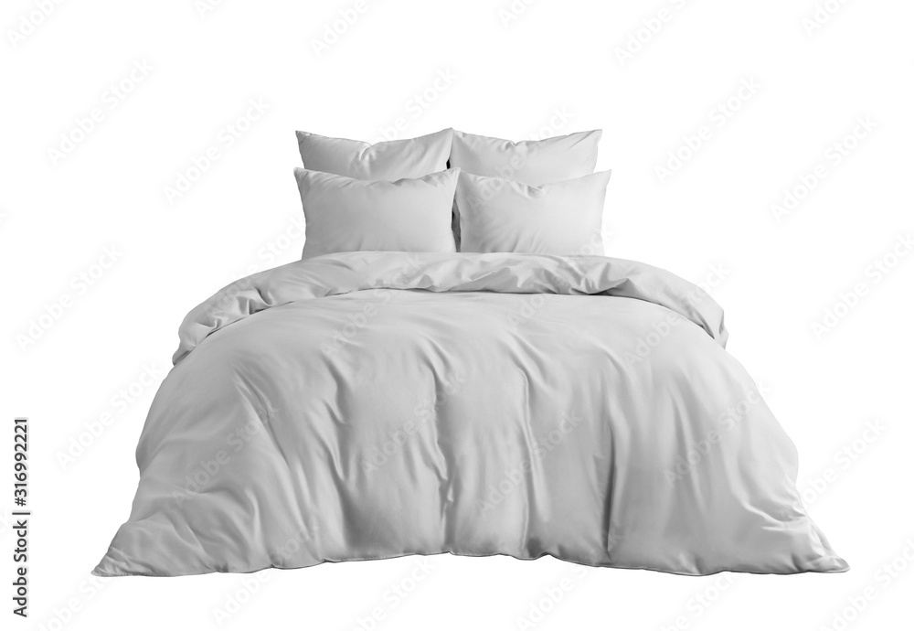 Bed with white bedlinen Isolated on white background. Front view. Stock ...