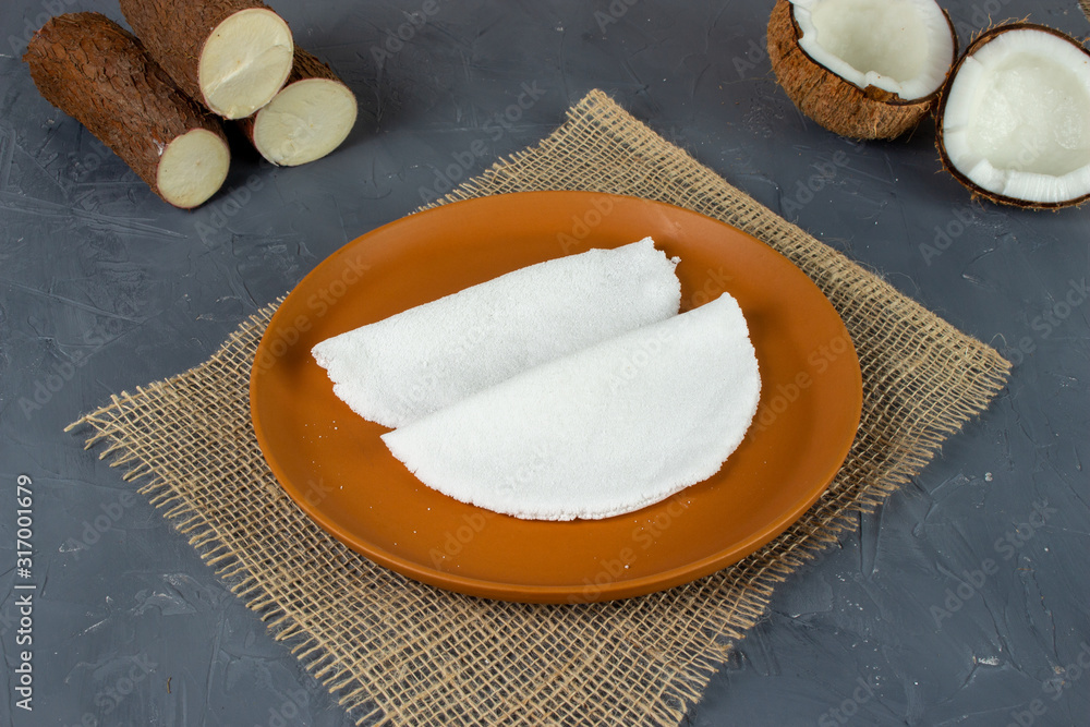 Tapioca, a traditional brazilian snack made from cassava flour. Cassava ...