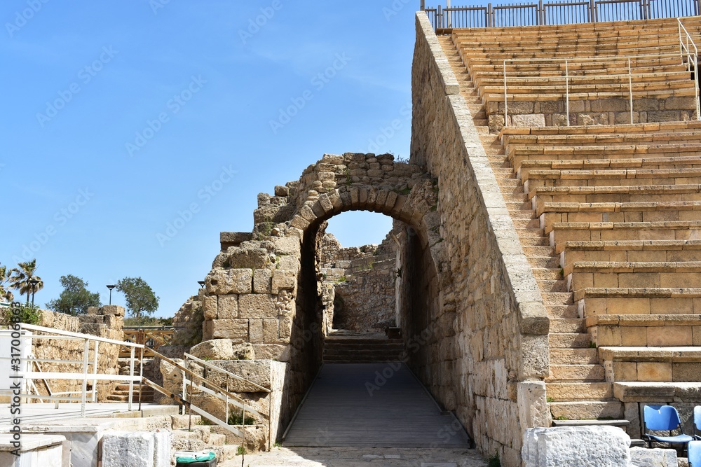 The ruins at the entrance of the ancient Roman amphitheater in the ...