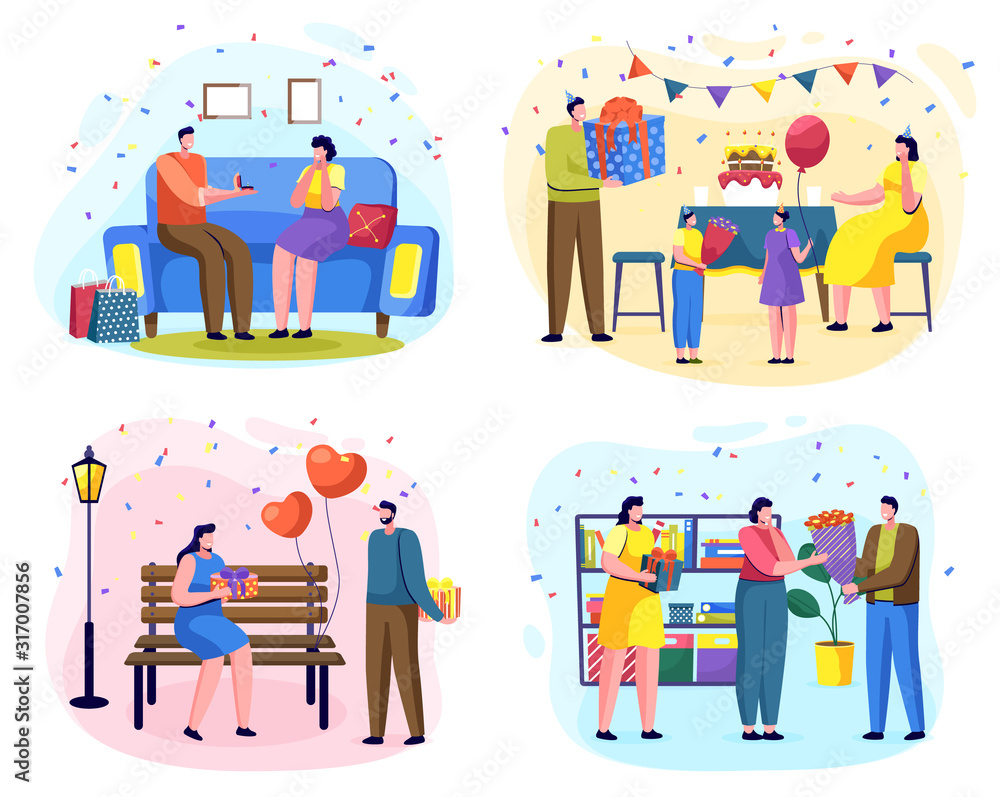 Gift giving tradition on special occasions. People celebrating birthday ...