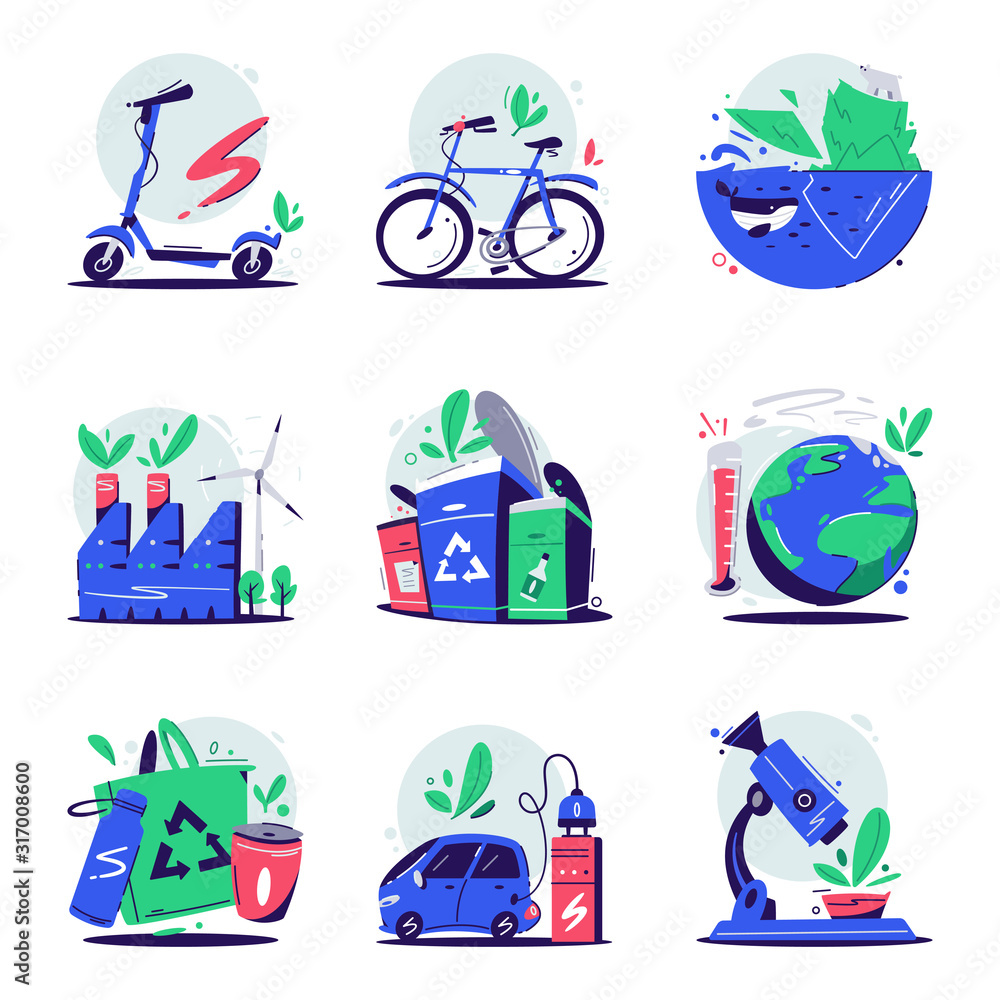 Eco concept. Cartoon vector illustration. Ecology icon or logo set ...