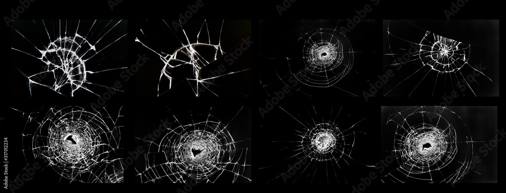 Broken glass, cracks, bullet marks on glass. Set of illustrations for ...